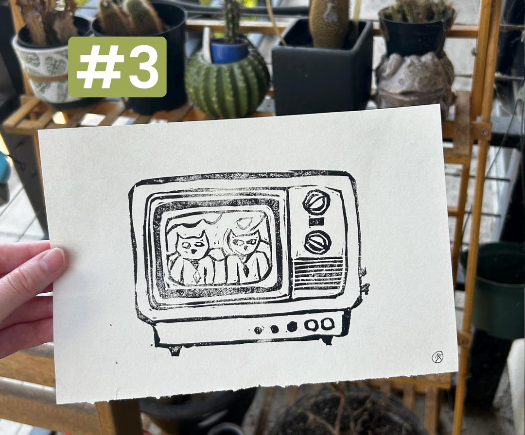 Cats on TV Linocut Block Print - Etsy