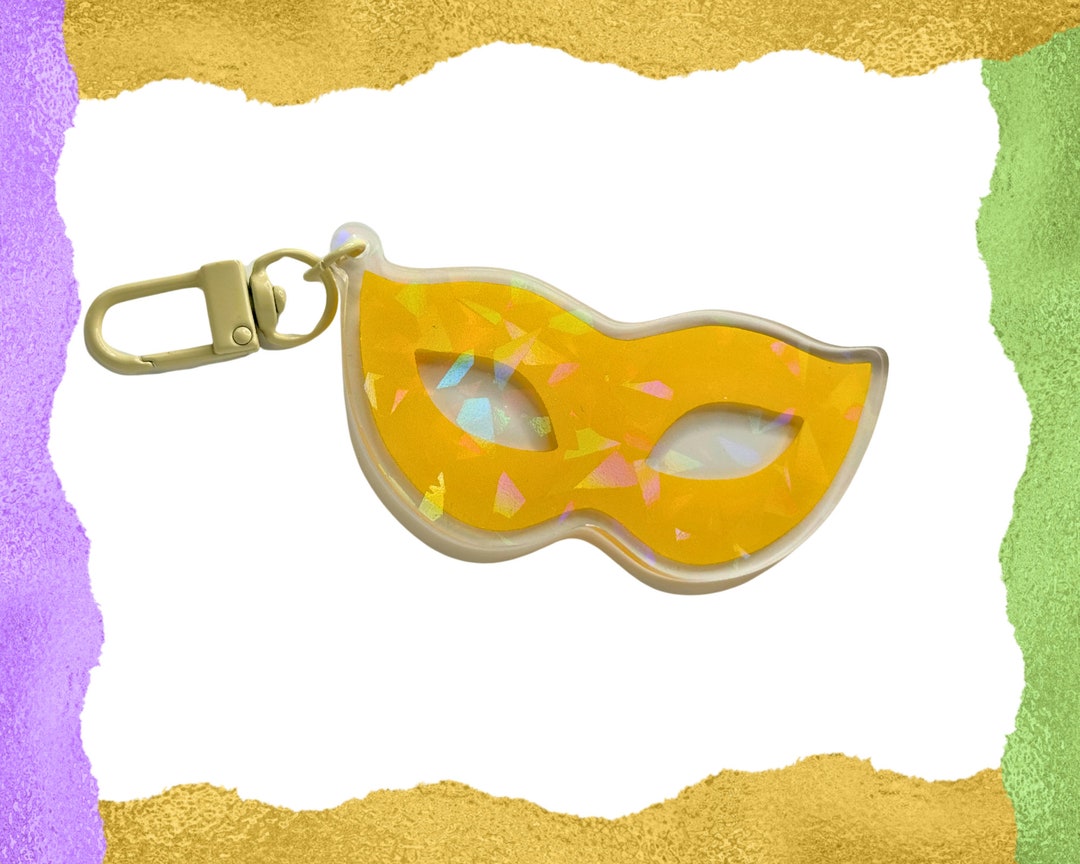 Yellow Masquerade Mask Acrylic Keychain, Holographic Broken Glass Front ...