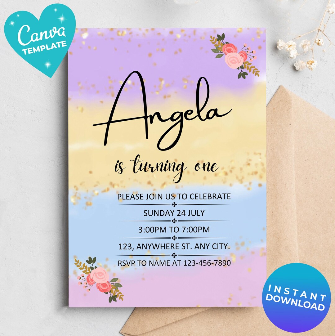 Editable Rainbow Birthday Invitation Colorful Background Watercolor ...