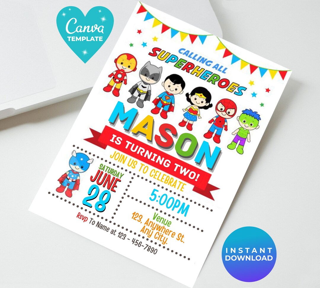 Editable Superheroes Birthday Invitation | Superheroes Party Invite for ...
