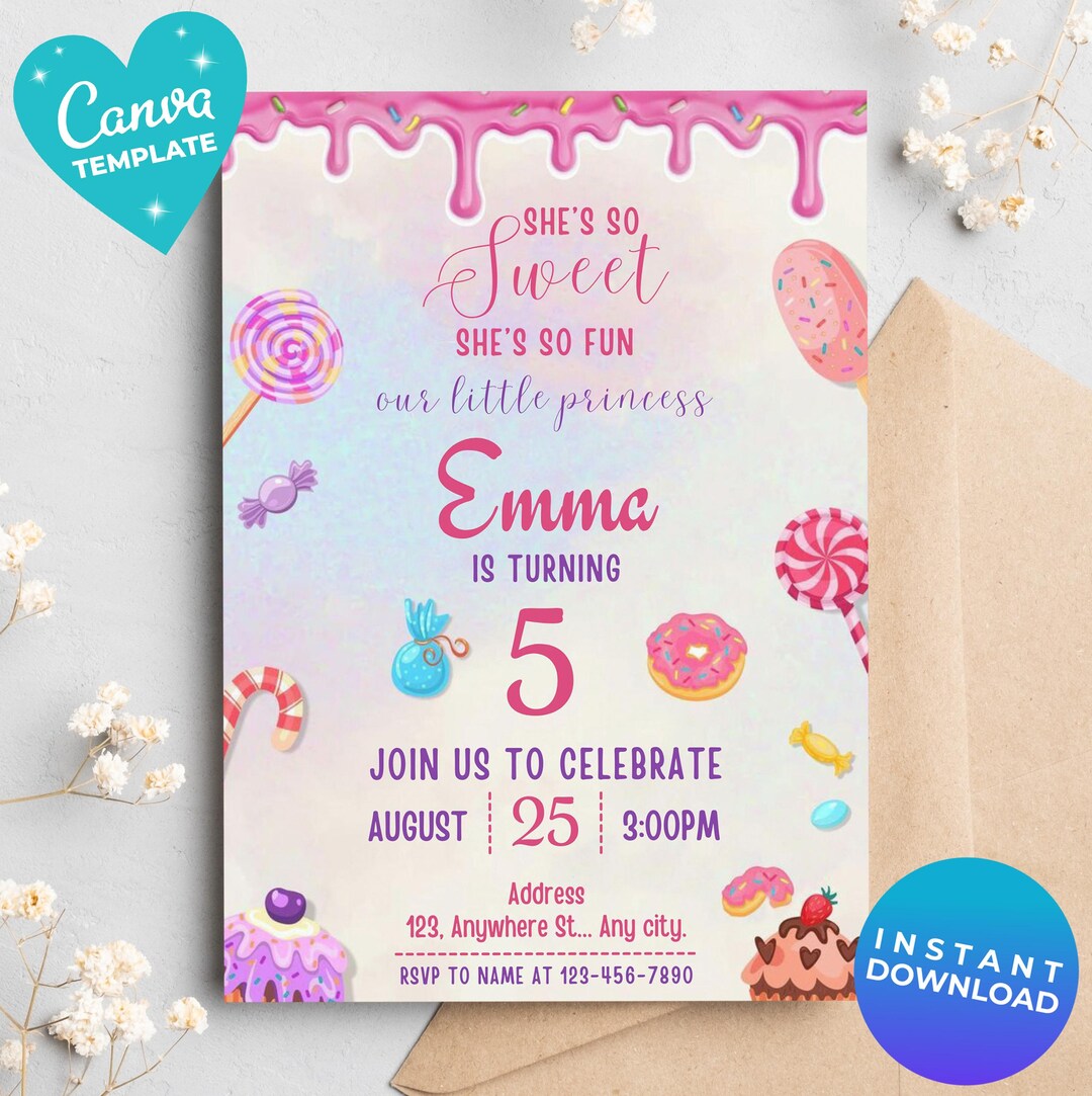 Editable Candy Theme Birthday Invitation | Sweet Party Canva Template ...