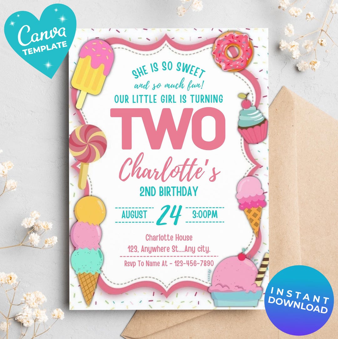 Editable Ice Cream Birthday Invitation | Sweet Summer Party | Canva ...
