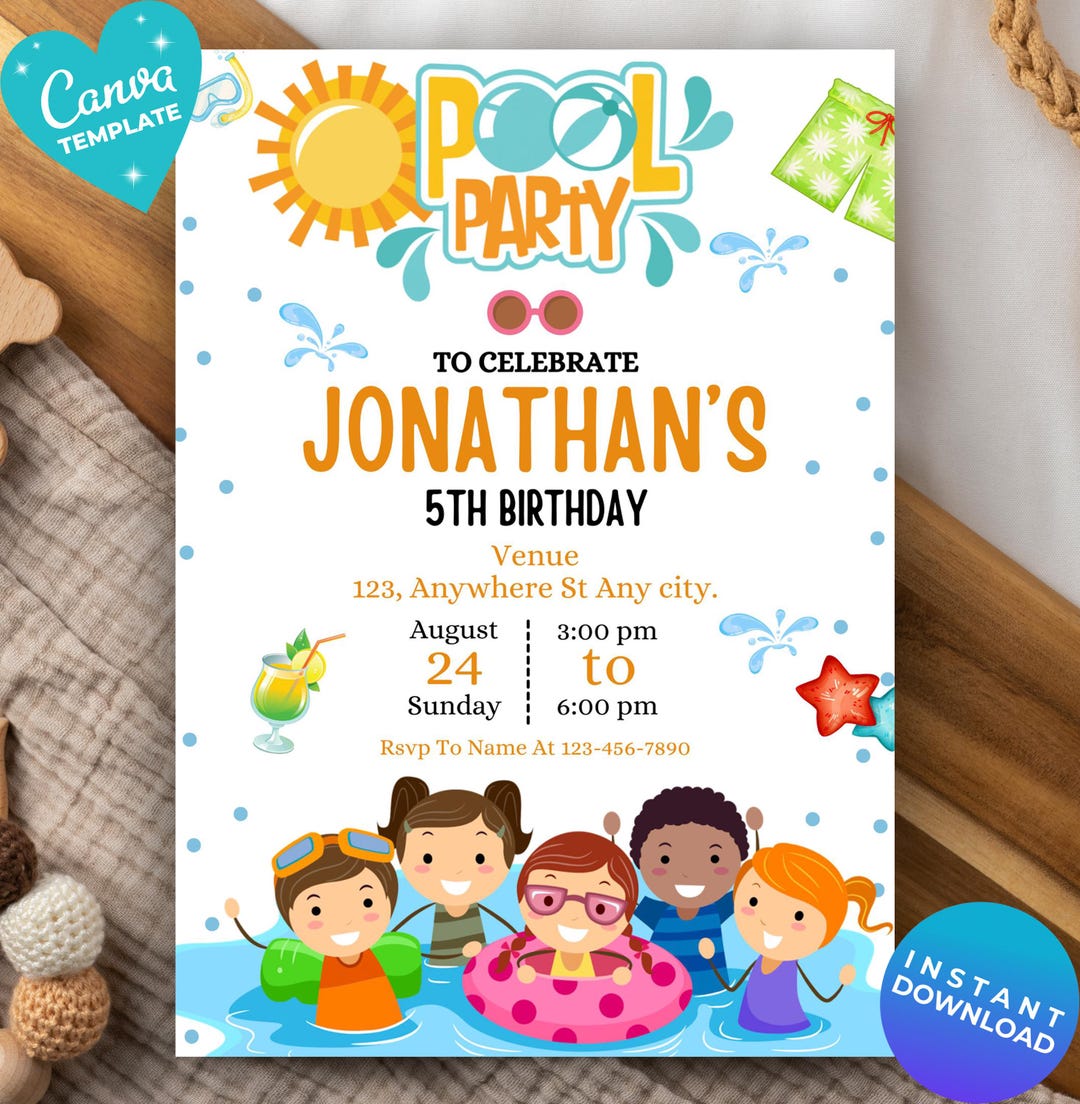 Editable Pool Party Birthday Invitation Kids Pool Party Kids Swimming ...