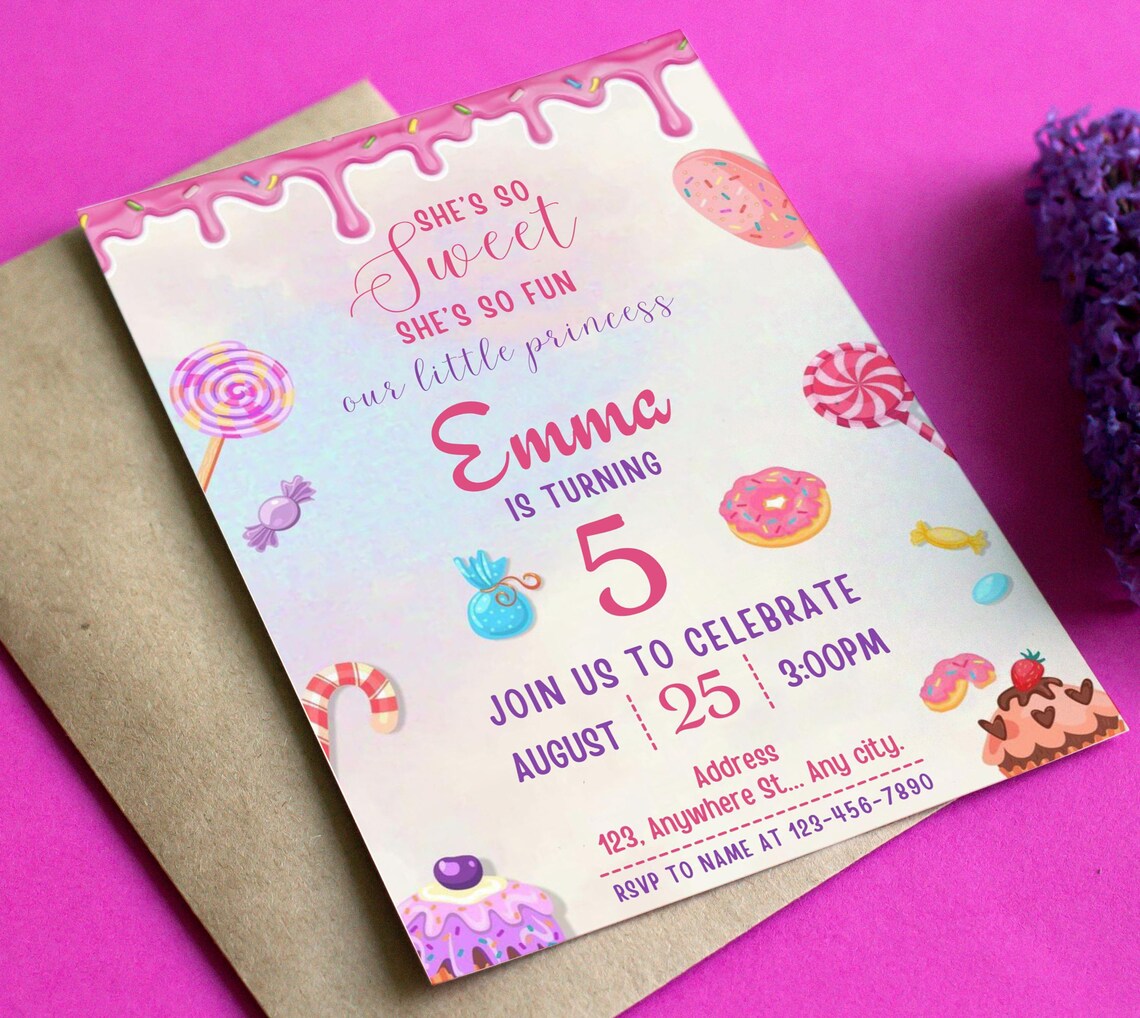 Editable Candy Theme Birthday Invitation | Sweet Party Canva Template ...