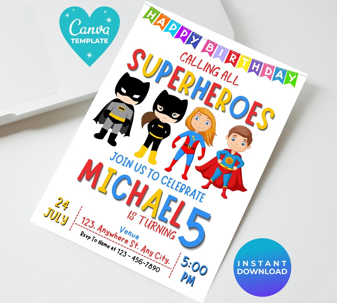 Editable Superheroes Birthday Invitation | Superheroes Party Invite for ...