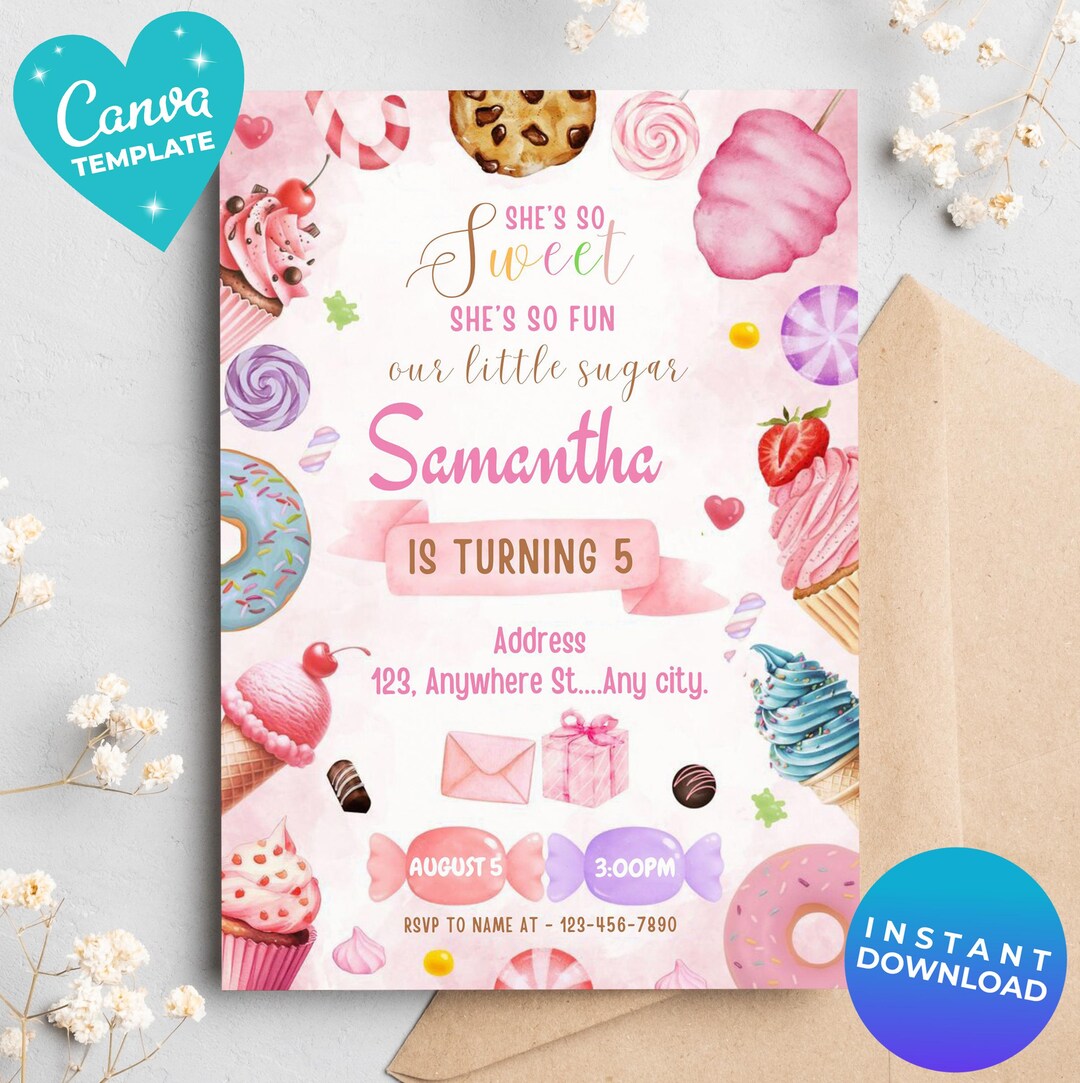 Editable Candy Theme Birthday Invitation | Sweet Party Canva Template ...