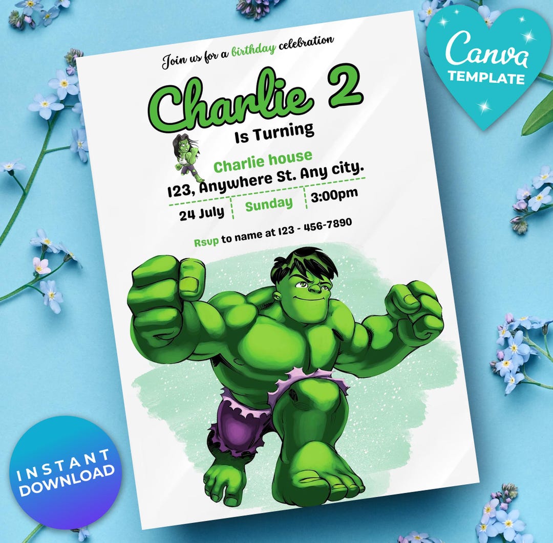 Editable Hulk Birthday Invitation Template Canva Template Digital Hulk ...