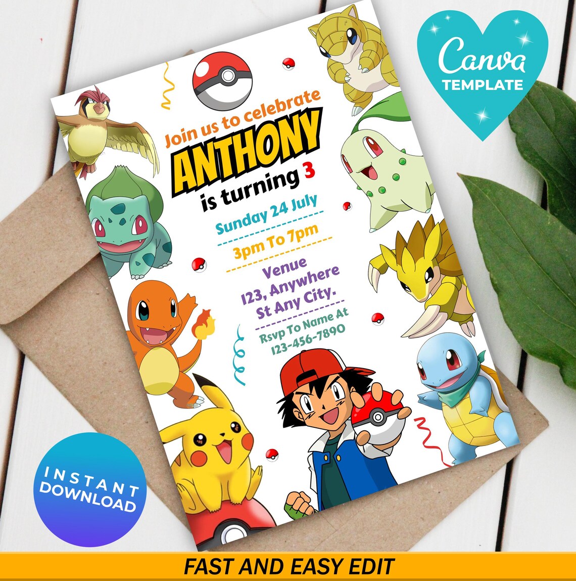 Editable Poke Birthday Invitation | Pika Digital Birthday Invitation ...