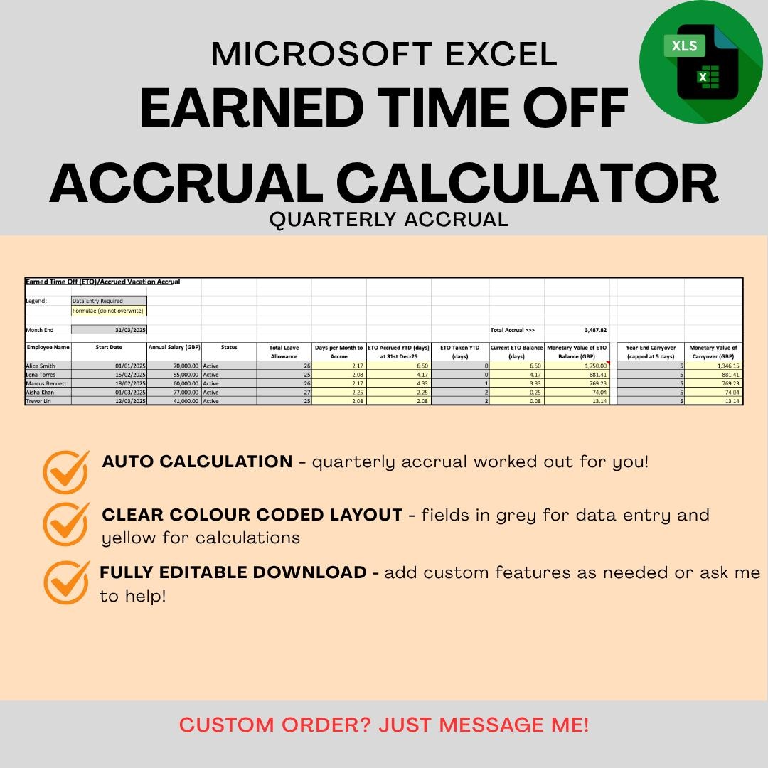 Earned Time off Accrual Calculator, Instant Excel Digital Download ...