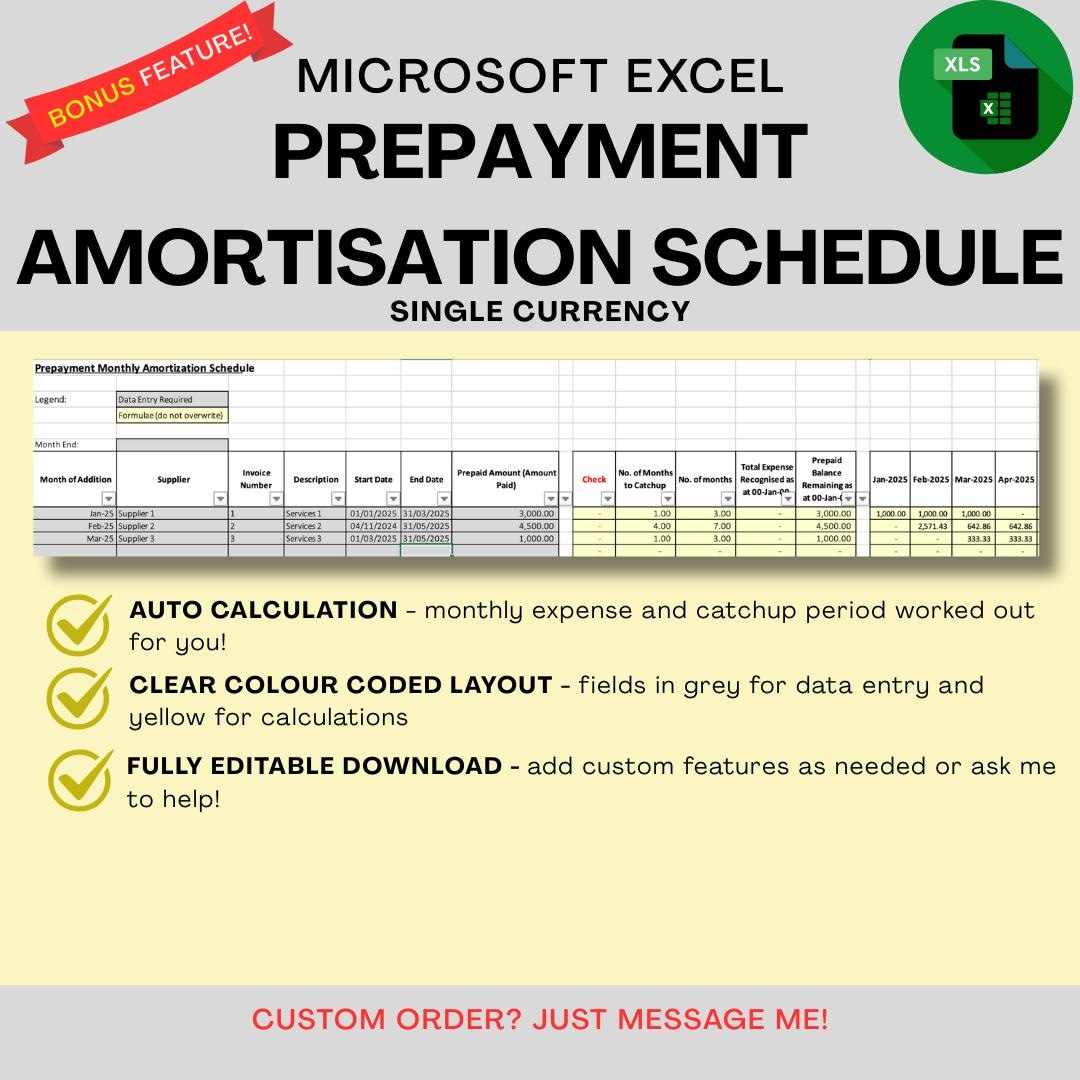 Prepayment Editable Tracker for Month-end & Year-end, Amortisation ...