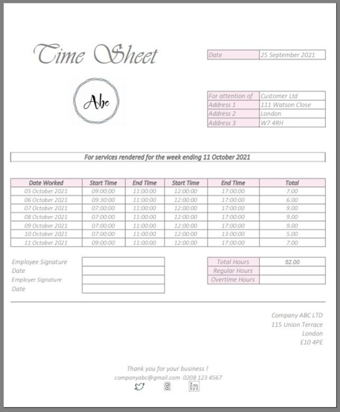 Invoice Template Form Freelancer Hours Billed Excel Instant Digital ...
