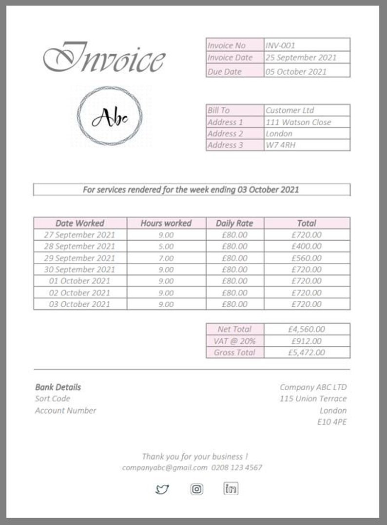 Invoice Template Form | Freelancer | Hours Billed | Excel Instant ...