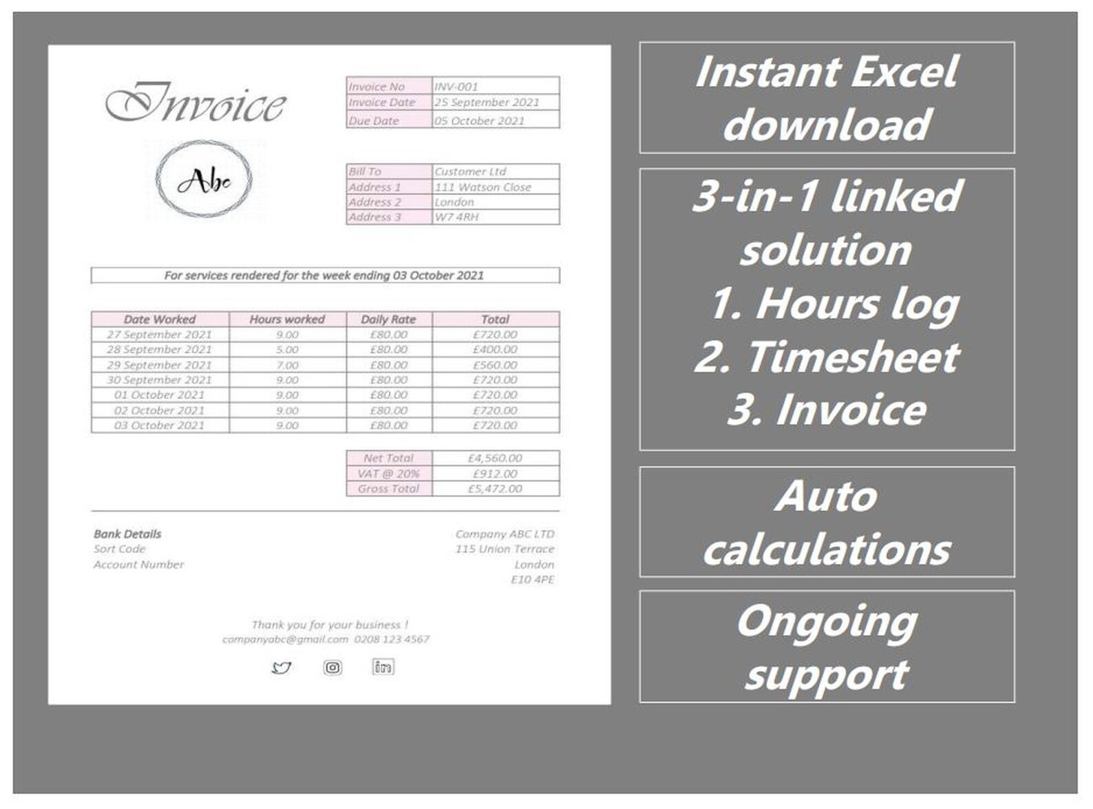 Invoice Template Form | Freelancer | Hours Billed | Excel Instant ...