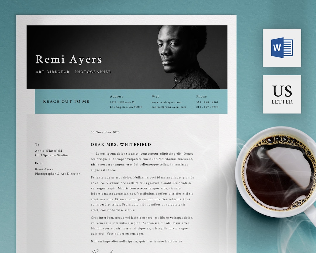 Professional Cover Letter Template With Photo | 1 Page US Letter Size ...