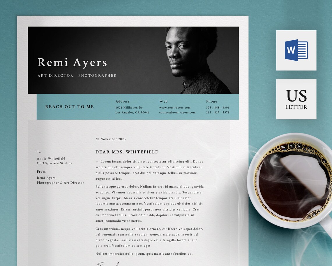 Professional Cover Letter Template With Photo | 1 Page US Letter Size ...