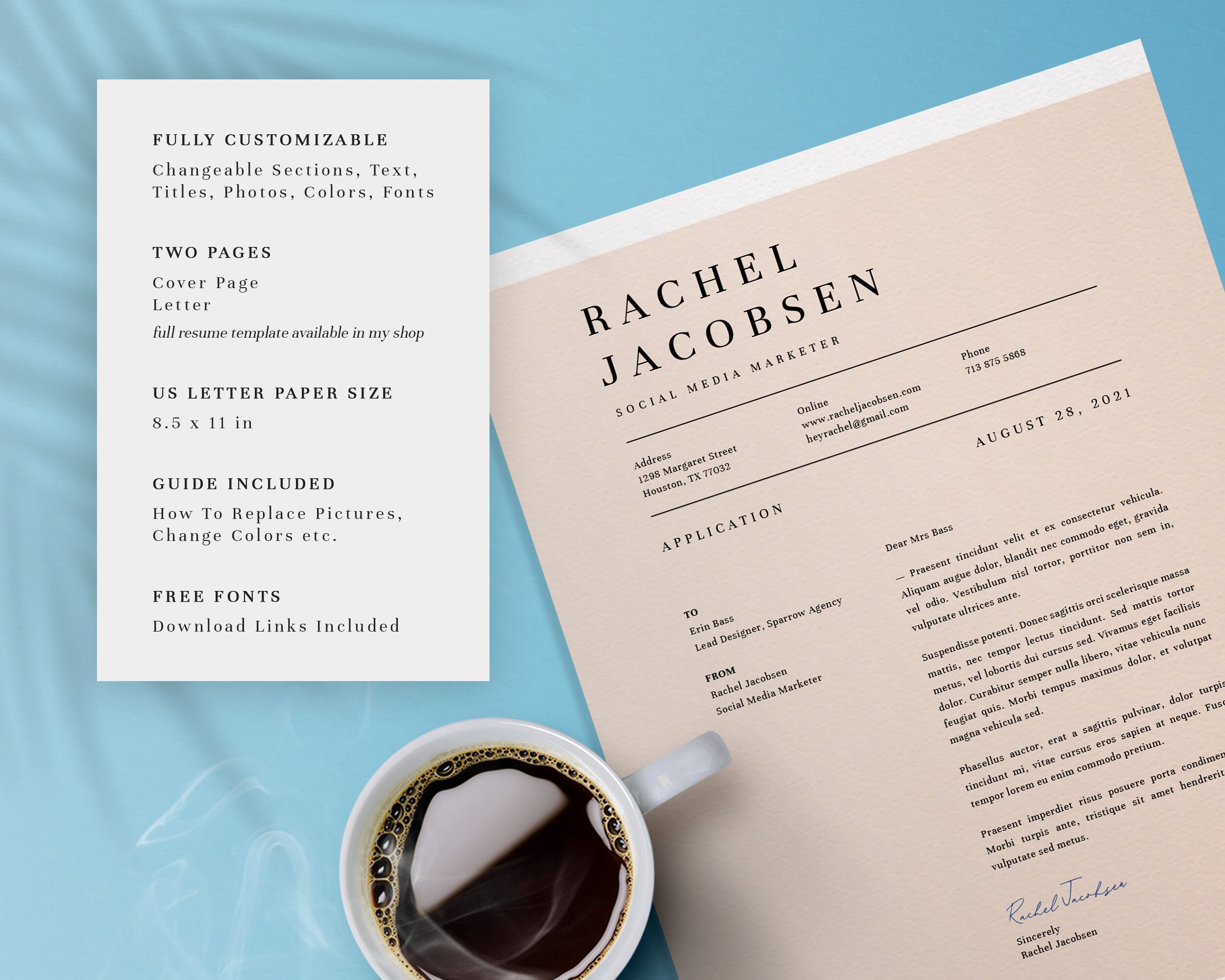 Professional Cover Letter Template With Photo | Two Page US Letter Size ...