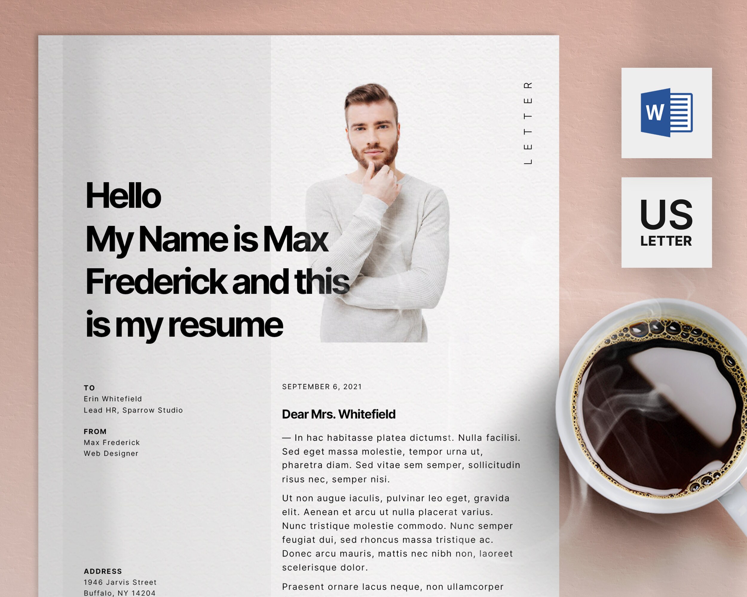 Professional Cover Letter Template With Photo | 1 Page US Letter Size ...