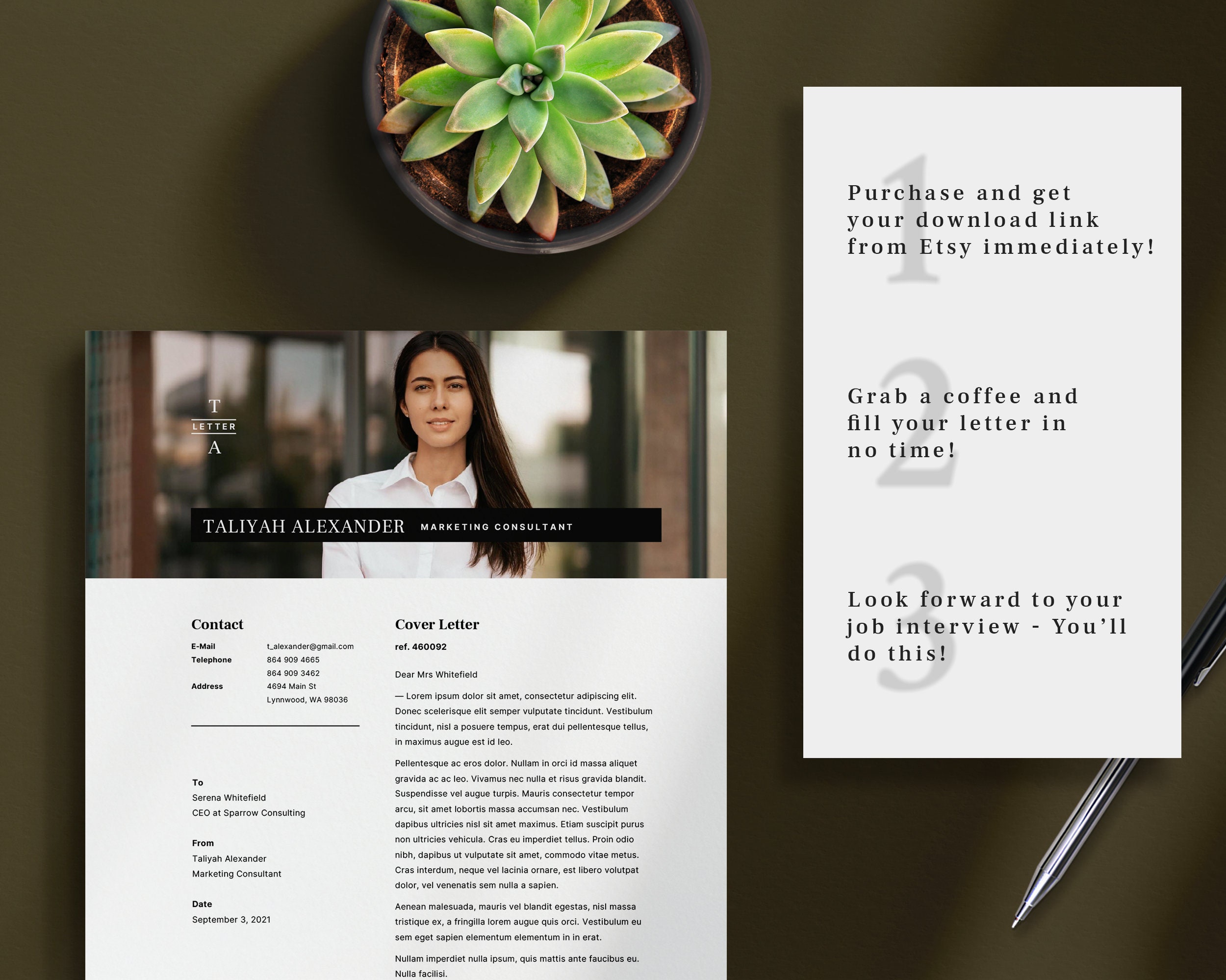 Professional Cover Letter Template With Photo 1 Page US Letter Size for ...