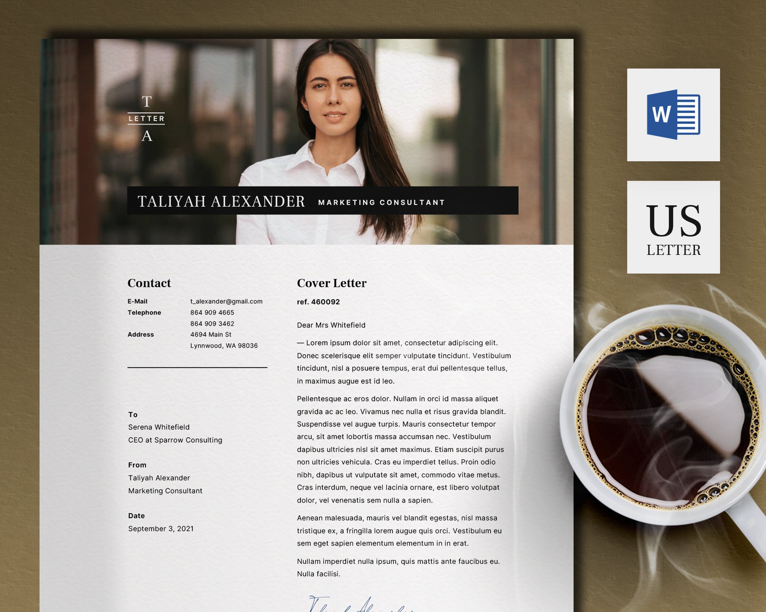 Professional Cover Letter Template With Photo | 1 Page US Letter Size ...
