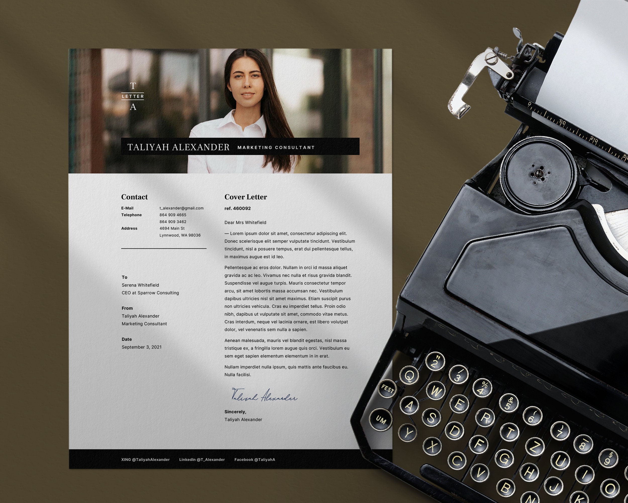 Professional Cover Letter Template With Photo 1 Page US Letter Size for ...