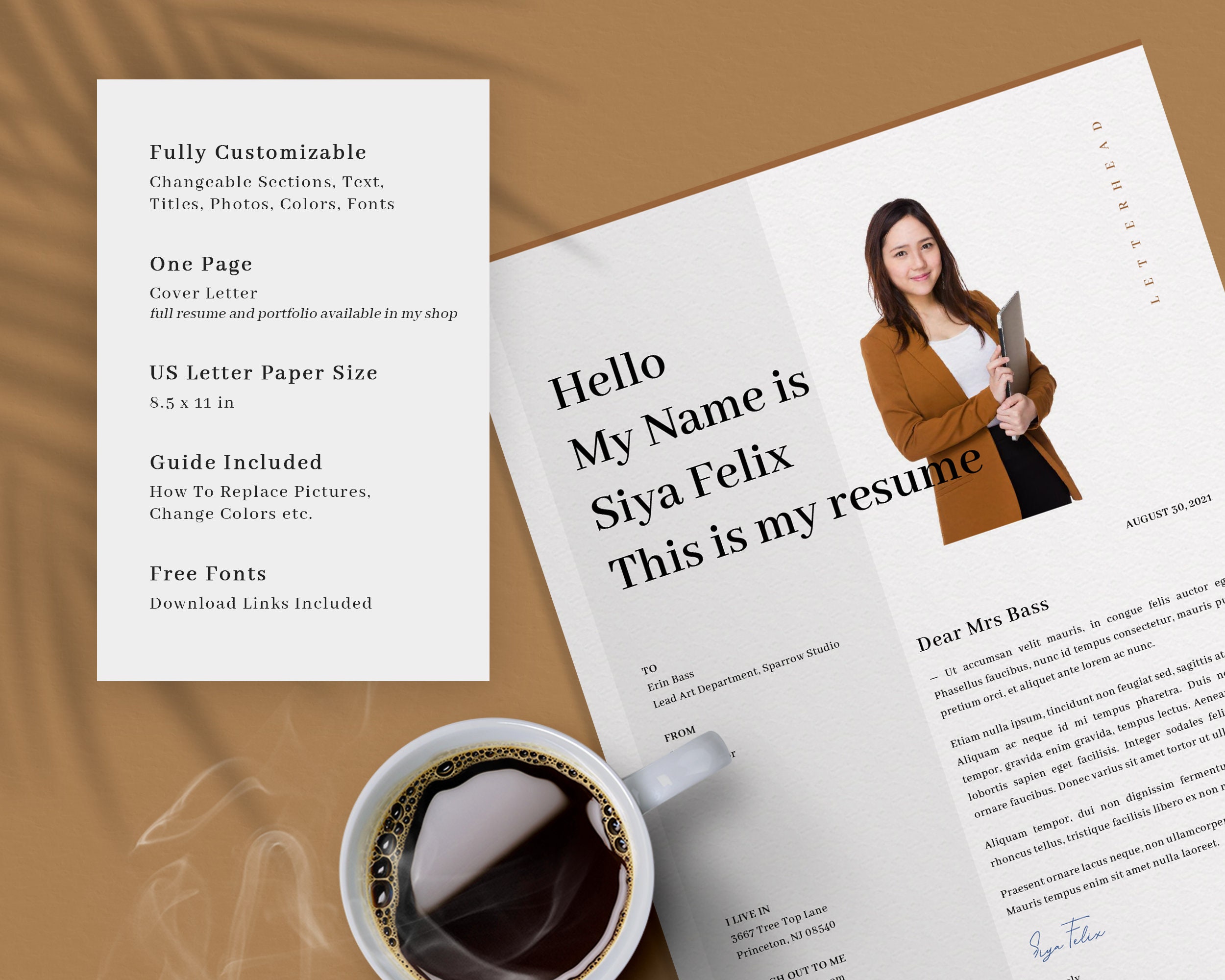 Professional Cover Letter Template With Photo | 1 Page US Letter Size ...