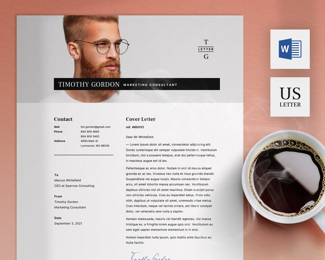 Professional Cover Letter Template With Photo | 1 Page US Letter Size ...