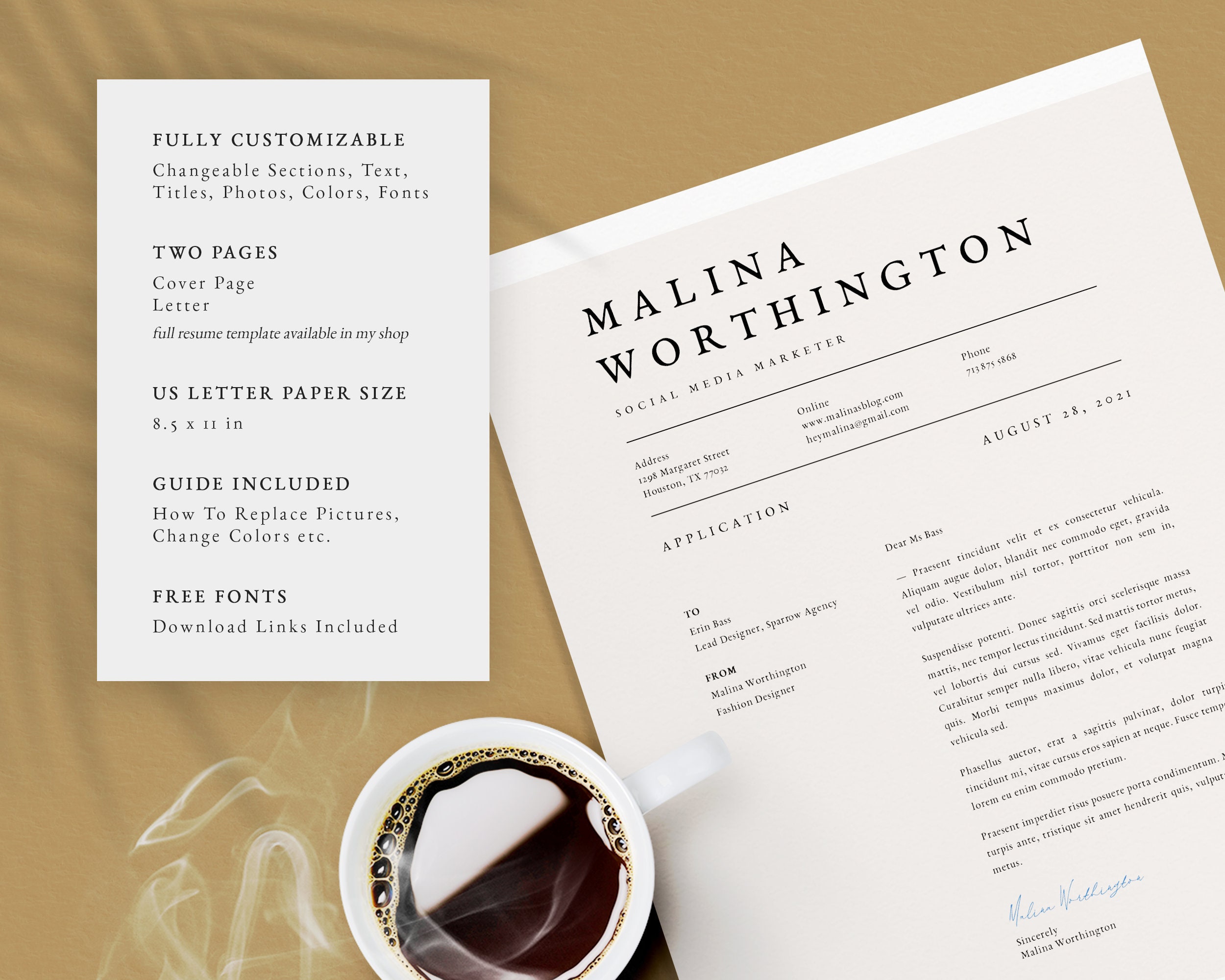 Professional Cover Letter Template With Photo | 2 Page US Letter Size ...