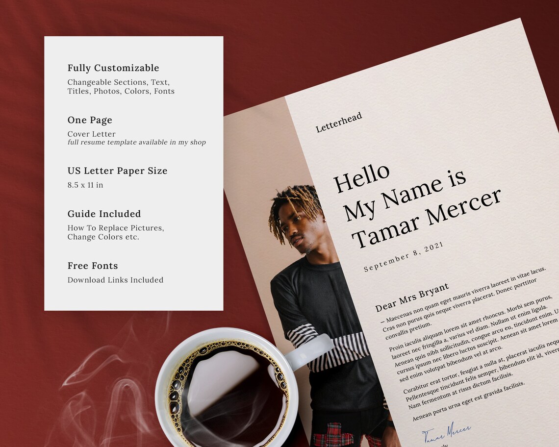 Professional Cover Letter Template With Photo | 1 Page US Letter Size ...