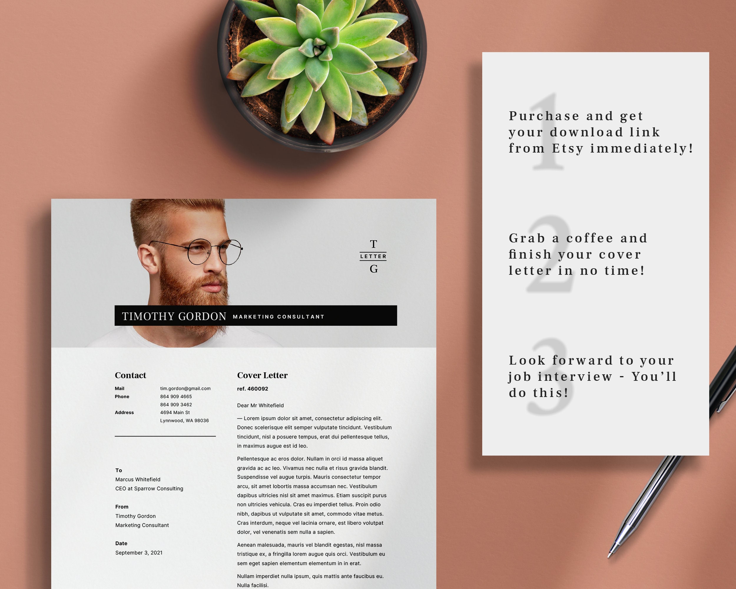 Professional Cover Letter Template With Photo 1 Page US Letter Size for ...
