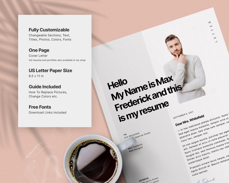 Professional Cover Letter Template With Photo | 1 Page US Letter Size ...