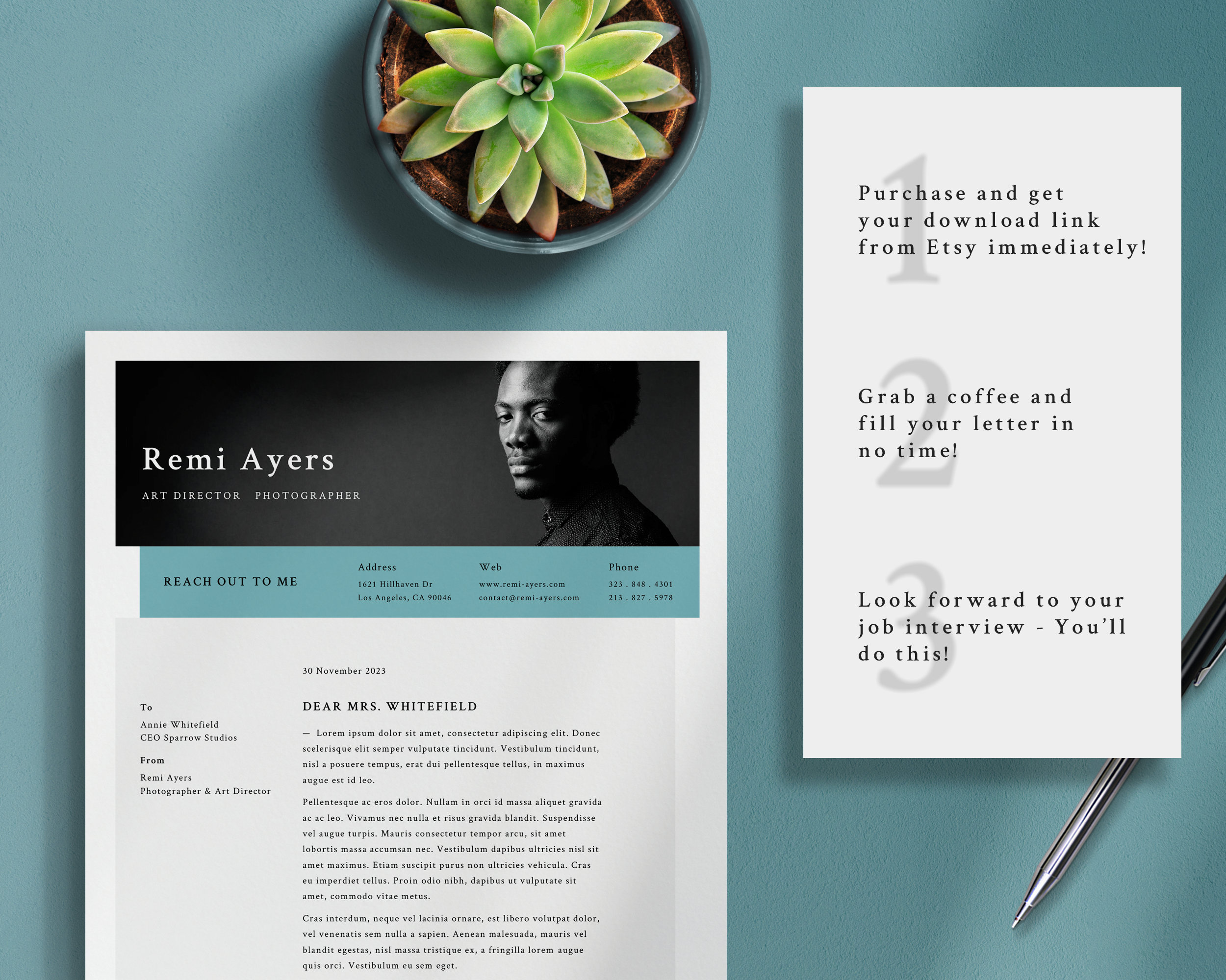 Professional Cover Letter Template With Photo | 1 Page US Letter Size ...