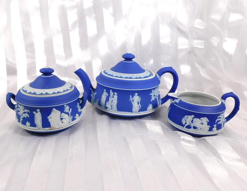 Portland Blue Wedgwood Jasperware Teapot Sugar Bowl and Creamer # 26637 ...