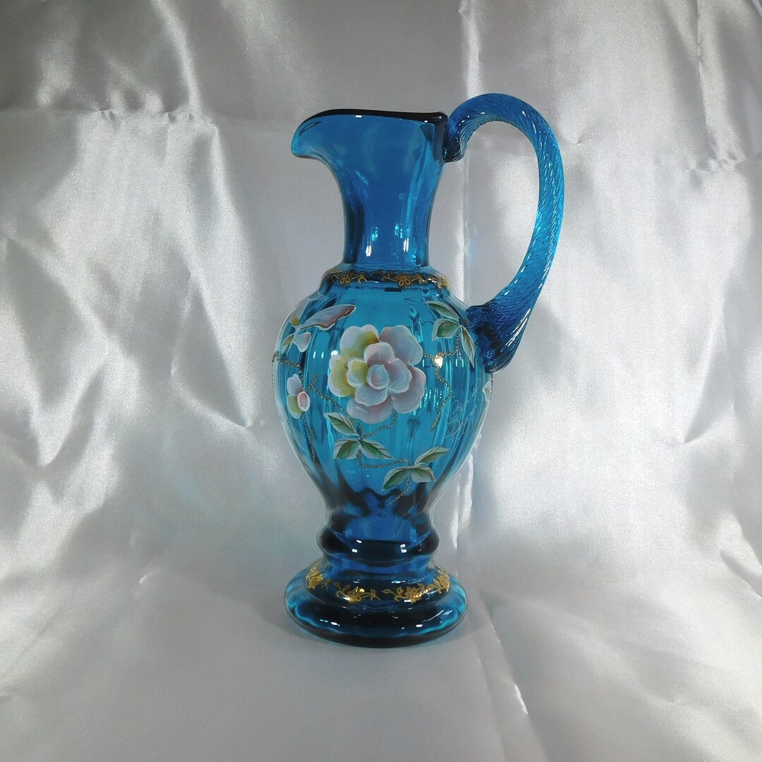 Turquoise Glass Hand Painted Signed Fenton Pitcher 22100 - Etsy