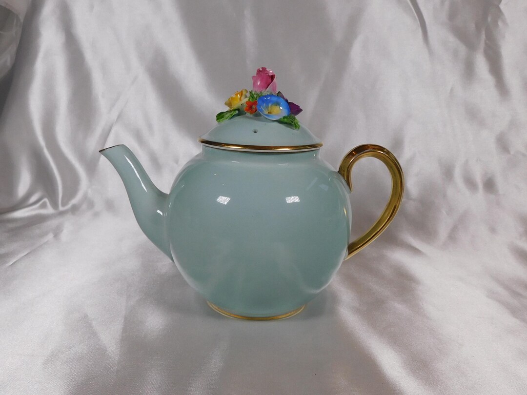 Pale Aqua Crown Staffordshire Teapot With Dimensional Floral Handle ...