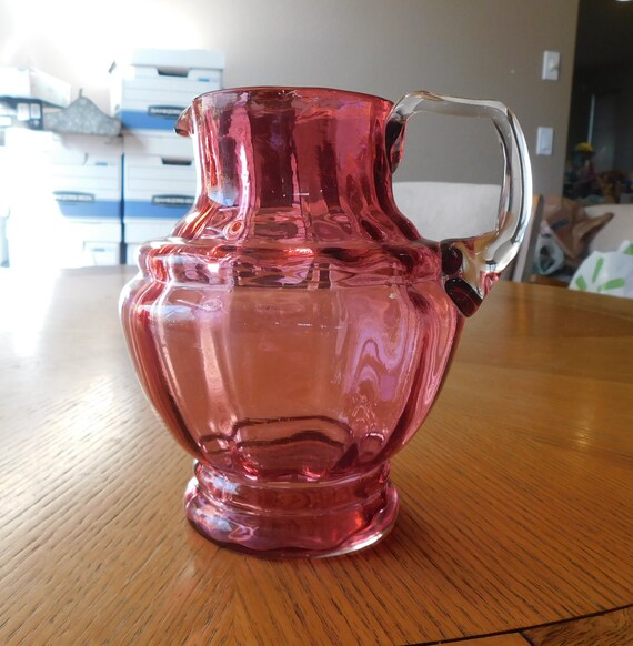 Pink Ribbed Glass Pitcher With Clear Handle - Etsy