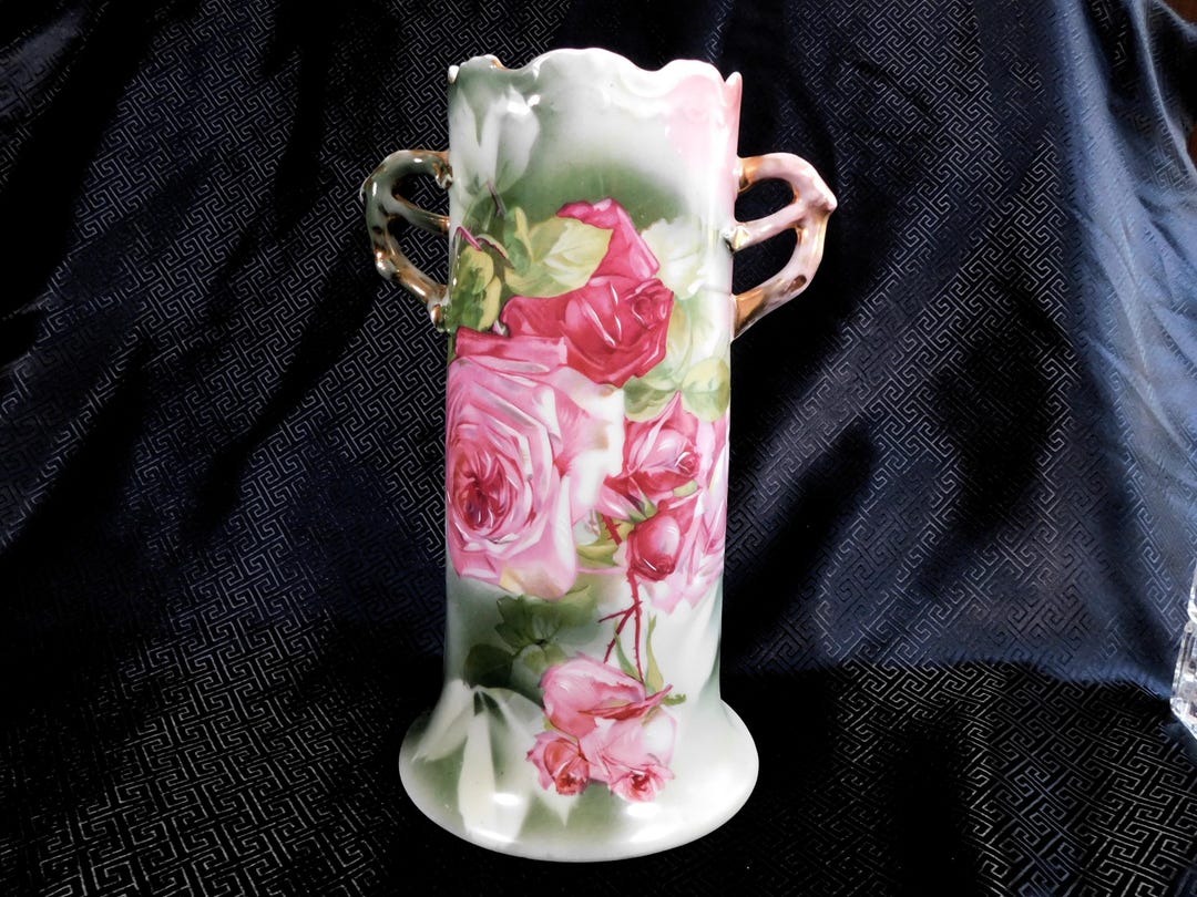 Carl Tielsch CT Atwasser Green Vase With Pink Roses 23867 - Etsy