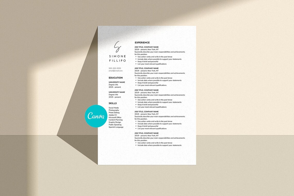 Canva Chic Resume Template Pack Logo, Modern Simple CV Downloadable ...