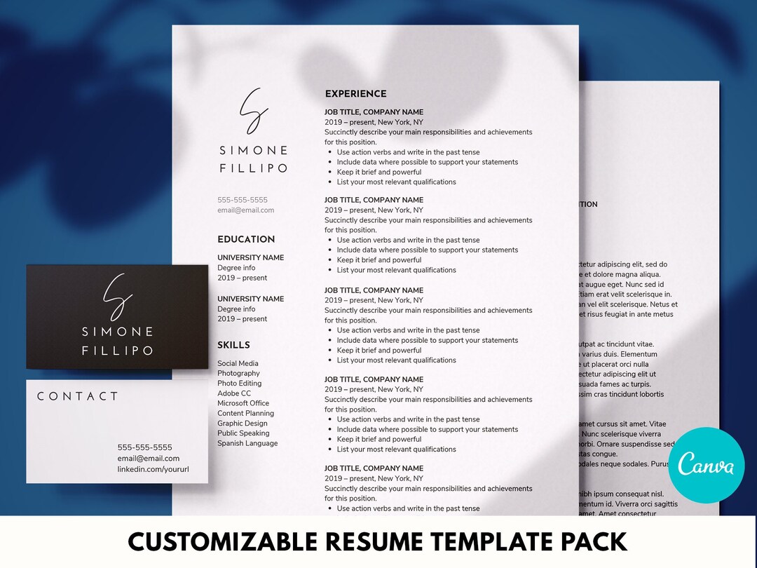 Canva Chic Resume Template Pack Logo, Modern Simple CV Downloadable ...