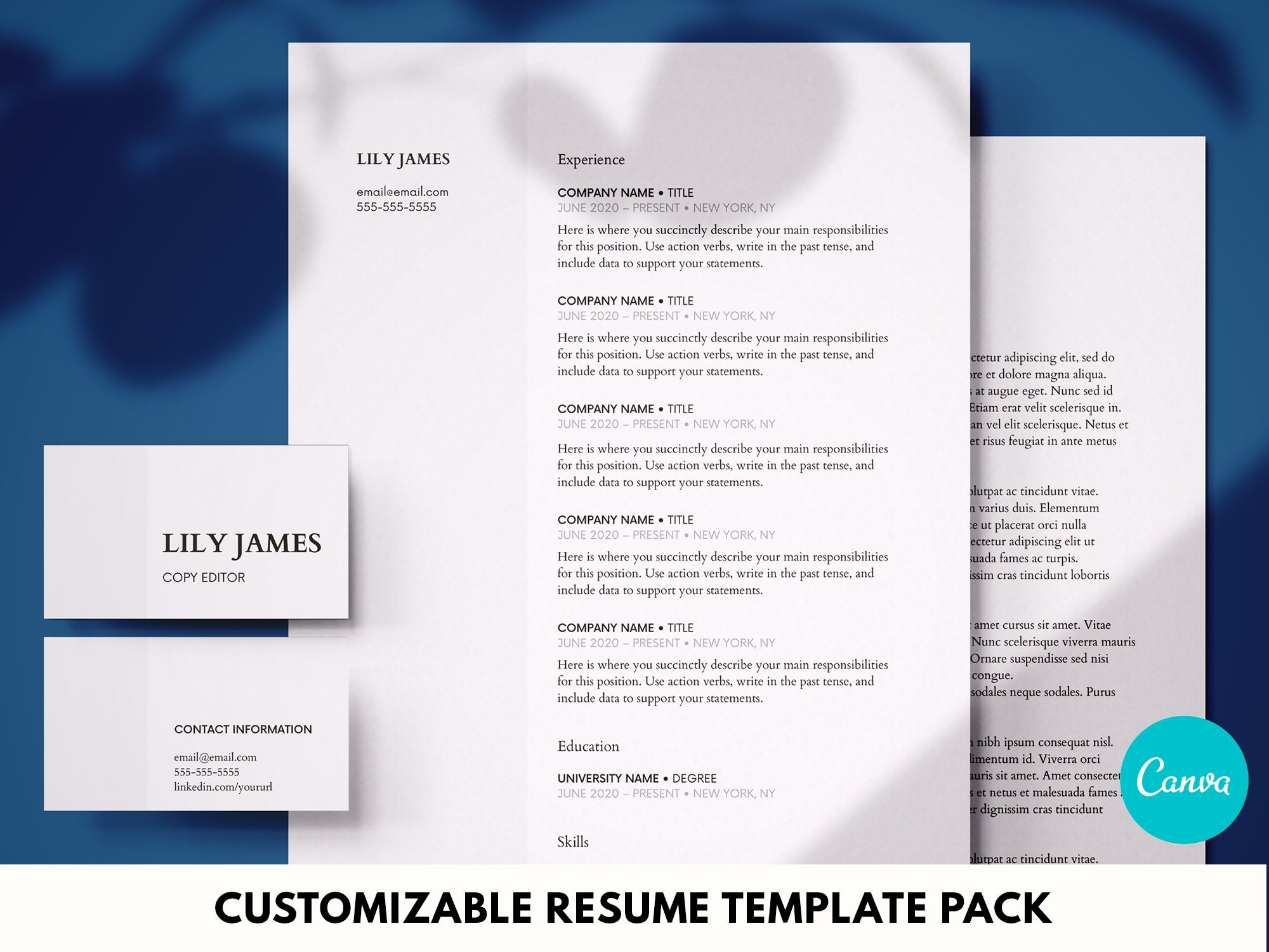 Canva Professional Resume Template Pack Modern Simple CV - Etsy