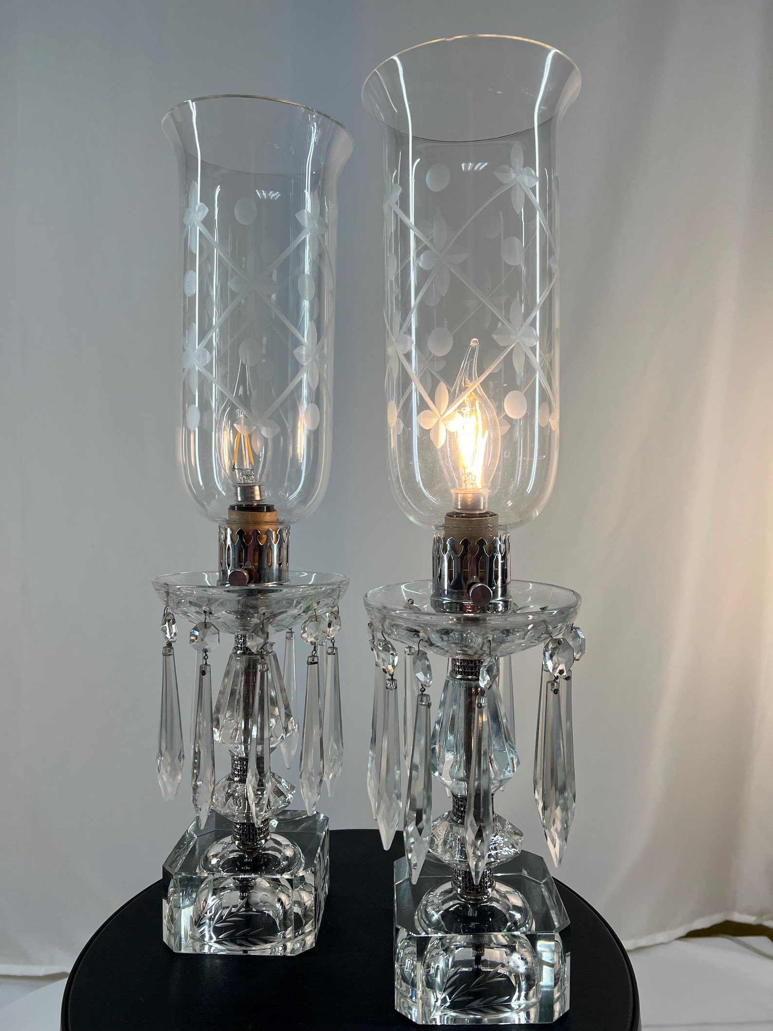 Pair Vintage Etched Crystal Hurricane Lamps With Prisms, Boudoir ...
