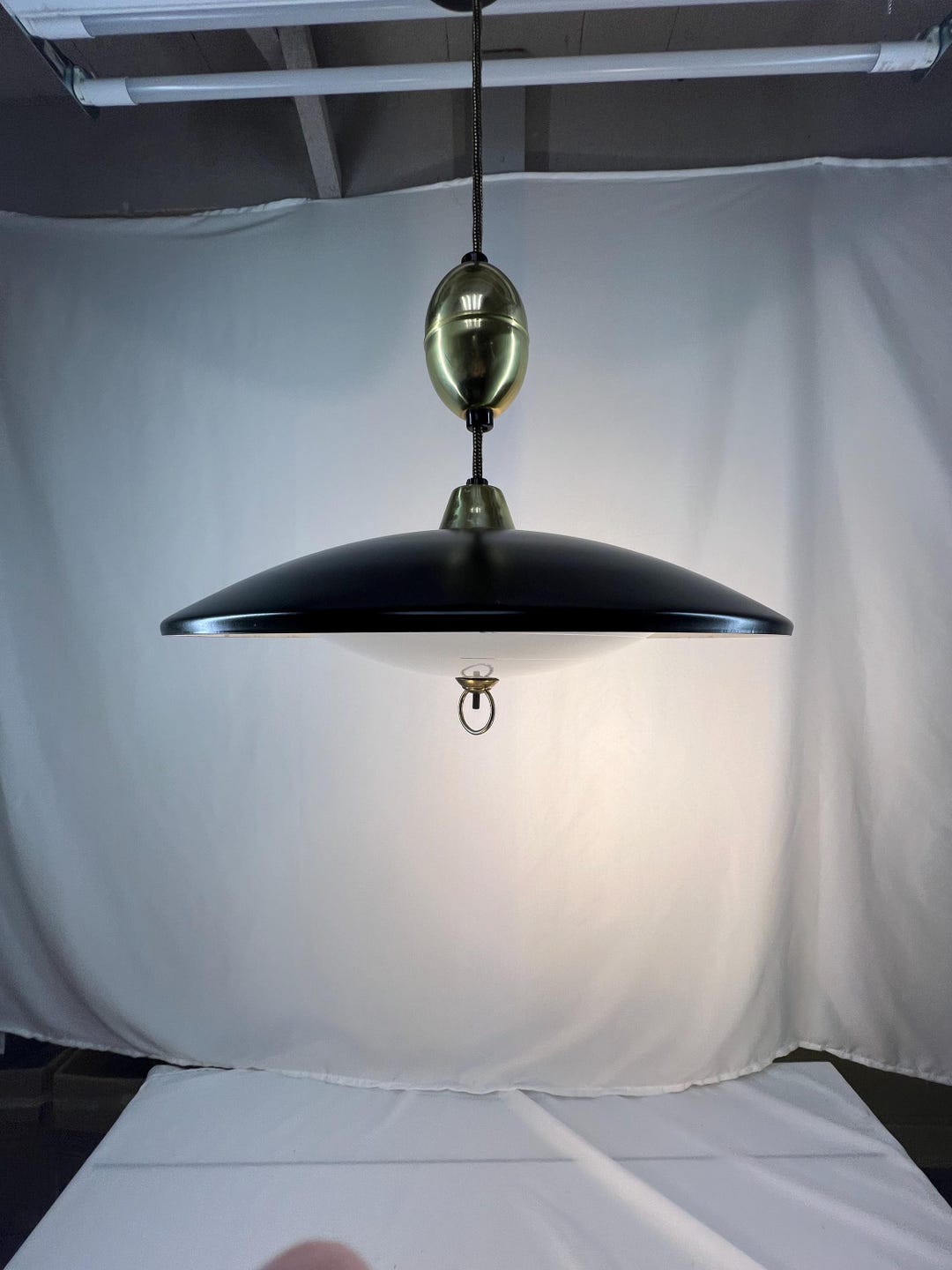 Vintage Adjustable Height MCM Ceiling Pendant "pull-down" Black Metal ...