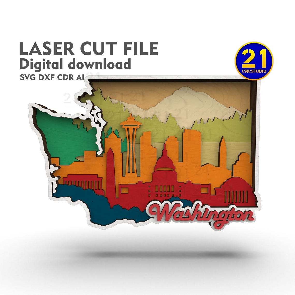 Washington 8-layer SVG Laser Cut File | Multilayer 3D State Map ...