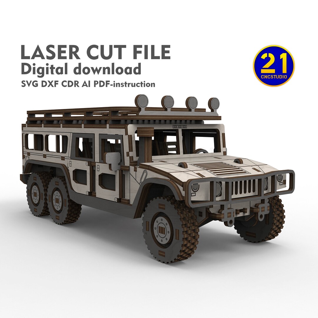 DIY SUV H1 6 Wheels Model Laser Cut File - 1/24 Scale Military SUV Dxf, Svg, Movable Wheels and ...