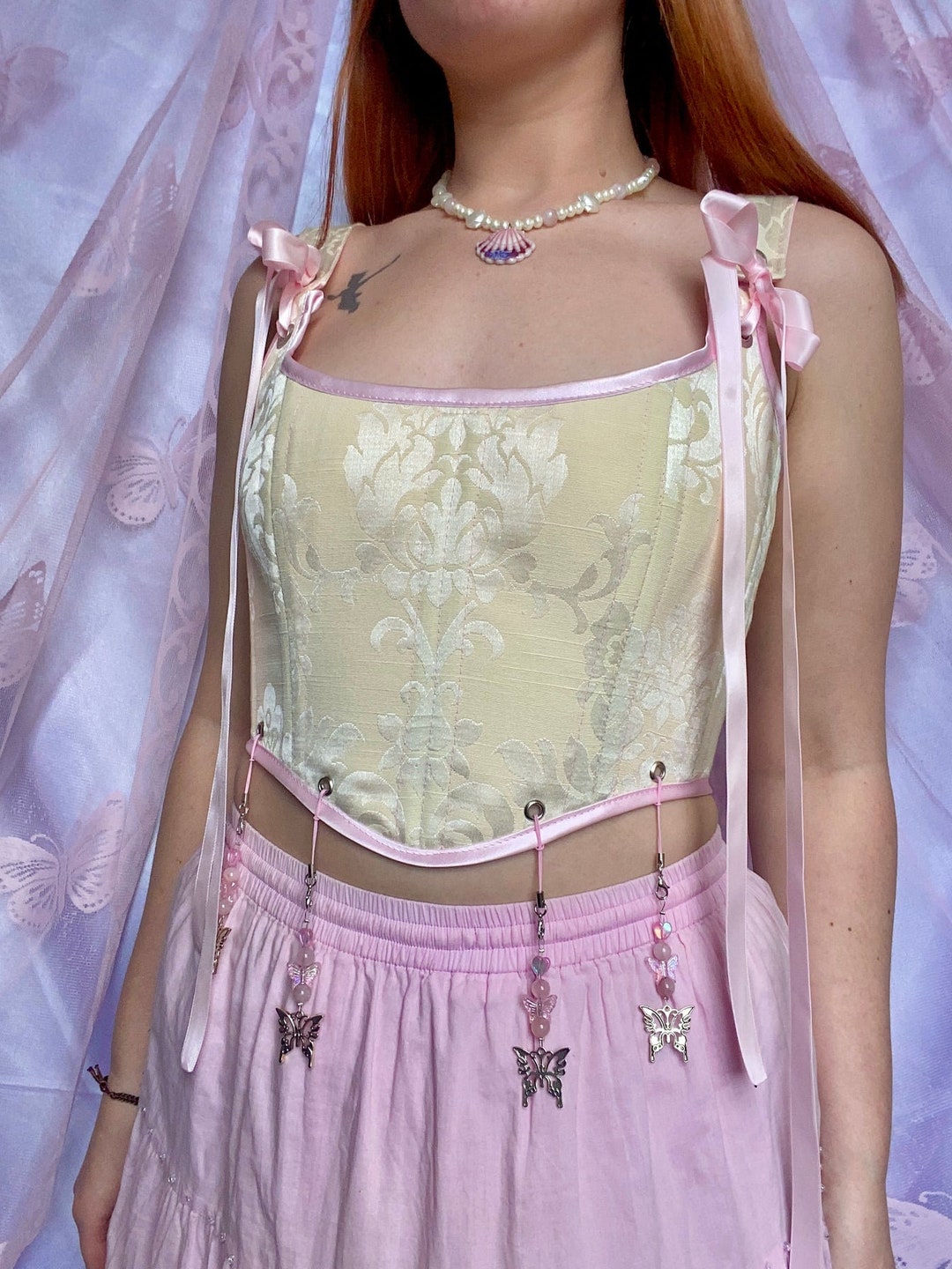 Handmade Butterfly Corset in Cream & Pink Festival Fairycore Coquette ...