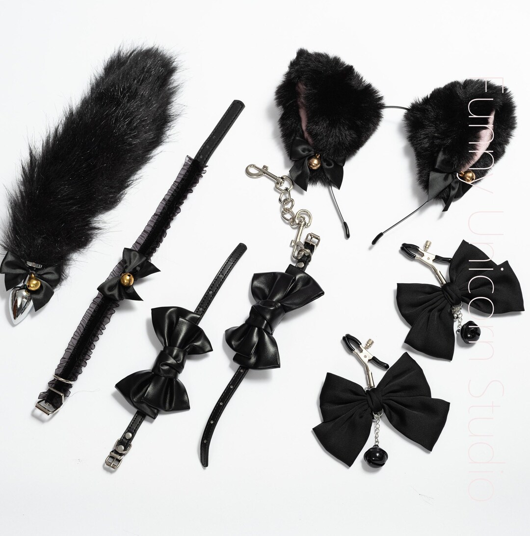 Black BDSM Starter/includes Ears,collar,fox Butt Plug Tail,nipple ...