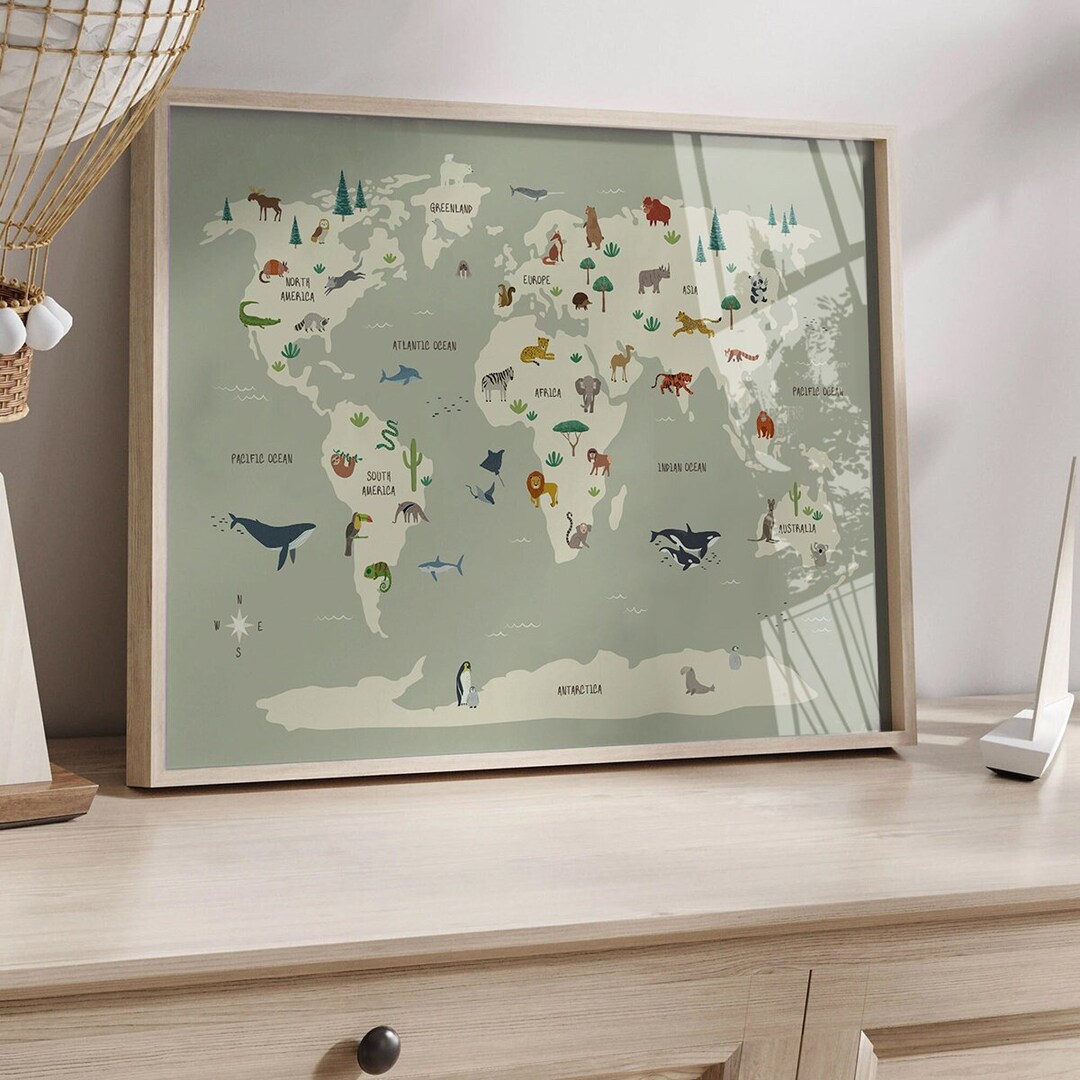 Animal World Map Print, Map Poster, World Map Animal Poster ...