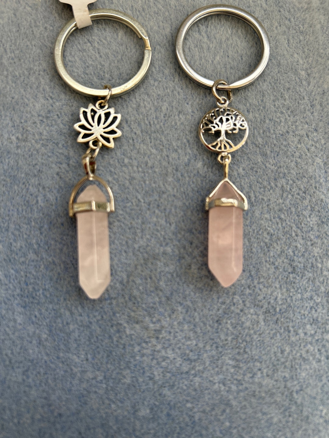 Rose Quartz Pillar Keyring: Lotus Flower or Tree of Life Charm - Etsy