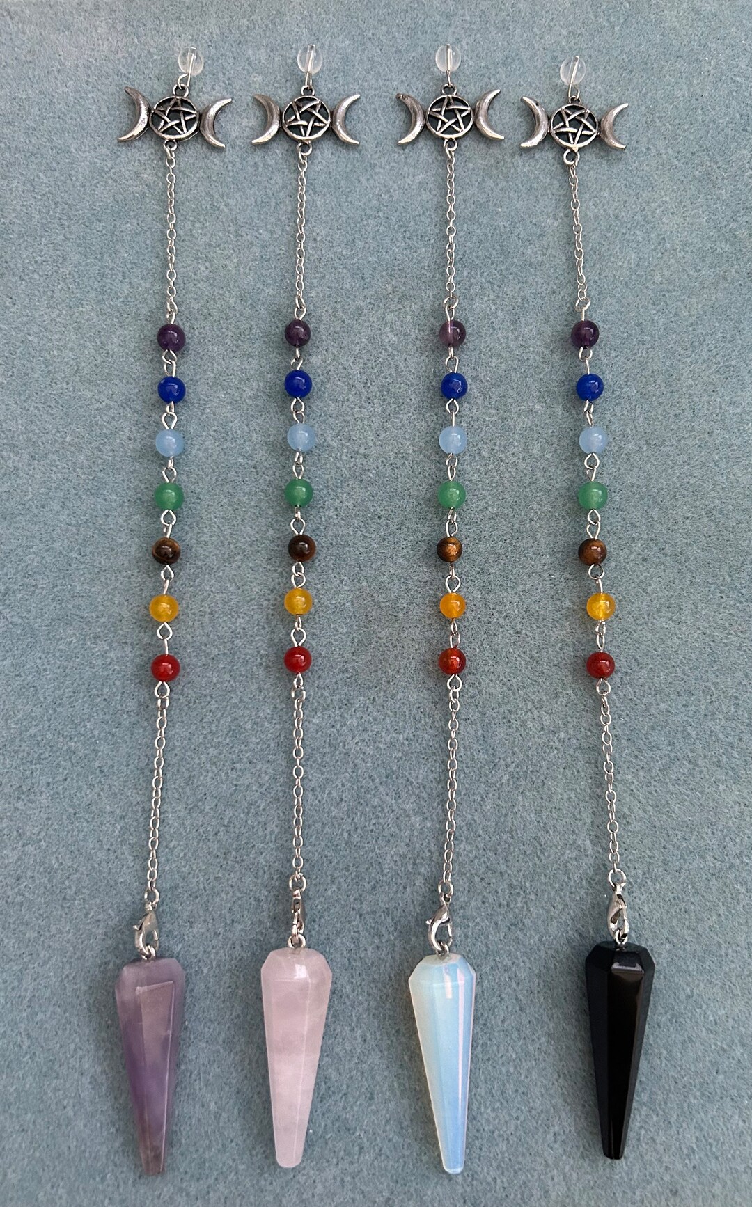 Triple Moon Gemstone Crystal Pendulum With 7 Chakra Accent Beads - Etsy