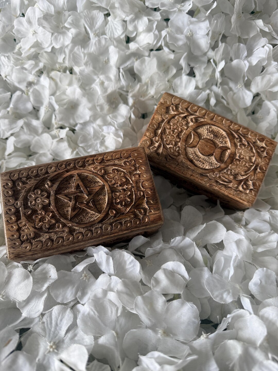 Hand Carved Triple Moon or Pentagram Box: Mango Wood Crystal Jewelry ...
