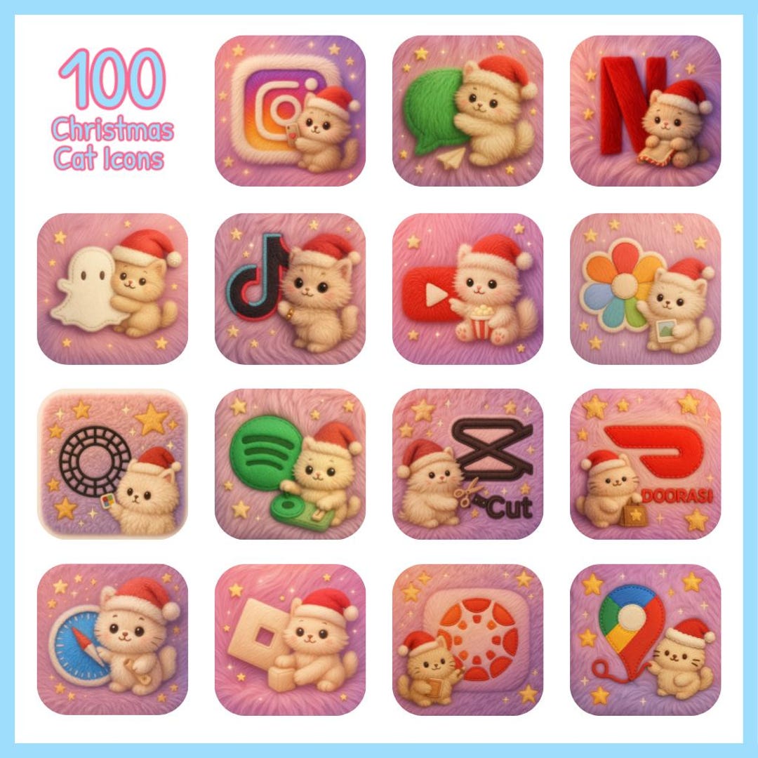 Kawaii Christmas Cat Winter App Icon Pack – Pastel iPhone & Android ...